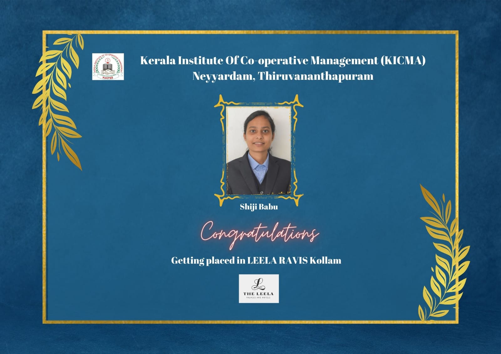 Shiji Babu got placed in Leela Ravis – Kerala Institute of Co-operative ...